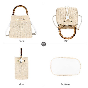 Hirooms Women Beach Bag Summer Straw Woven Shoulder Bag Tote Bag Crossbody Bucket Handbags Handmade Hobo Purse Bamboo Handle (White)
