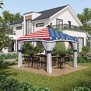 Outsunny 10' x 10' Pop Up Canopy Tent with Netting, Instant Tents for Parties, Height Adjustable, with Wheeled Carry Bag and 4 Sand Bags for Outdoor, Garden, Patio, American Flag