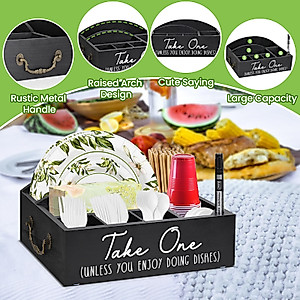 Paper Plate Holder, Paper Plate Dispenser for Kitchen Counter, Wood Cutlery Flatware Organizer Box for Party, Picnic BBQ, Wood Silverware Holder Utensil Caddy for Plate, Cup, Fork, Spoon Napkin(Black)