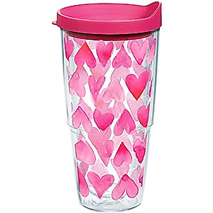 Tervis Pink Hearts All Over Insulated Tumbler with Wrap and Fuschia Lid, 1 Count (Pack of 1), Clear