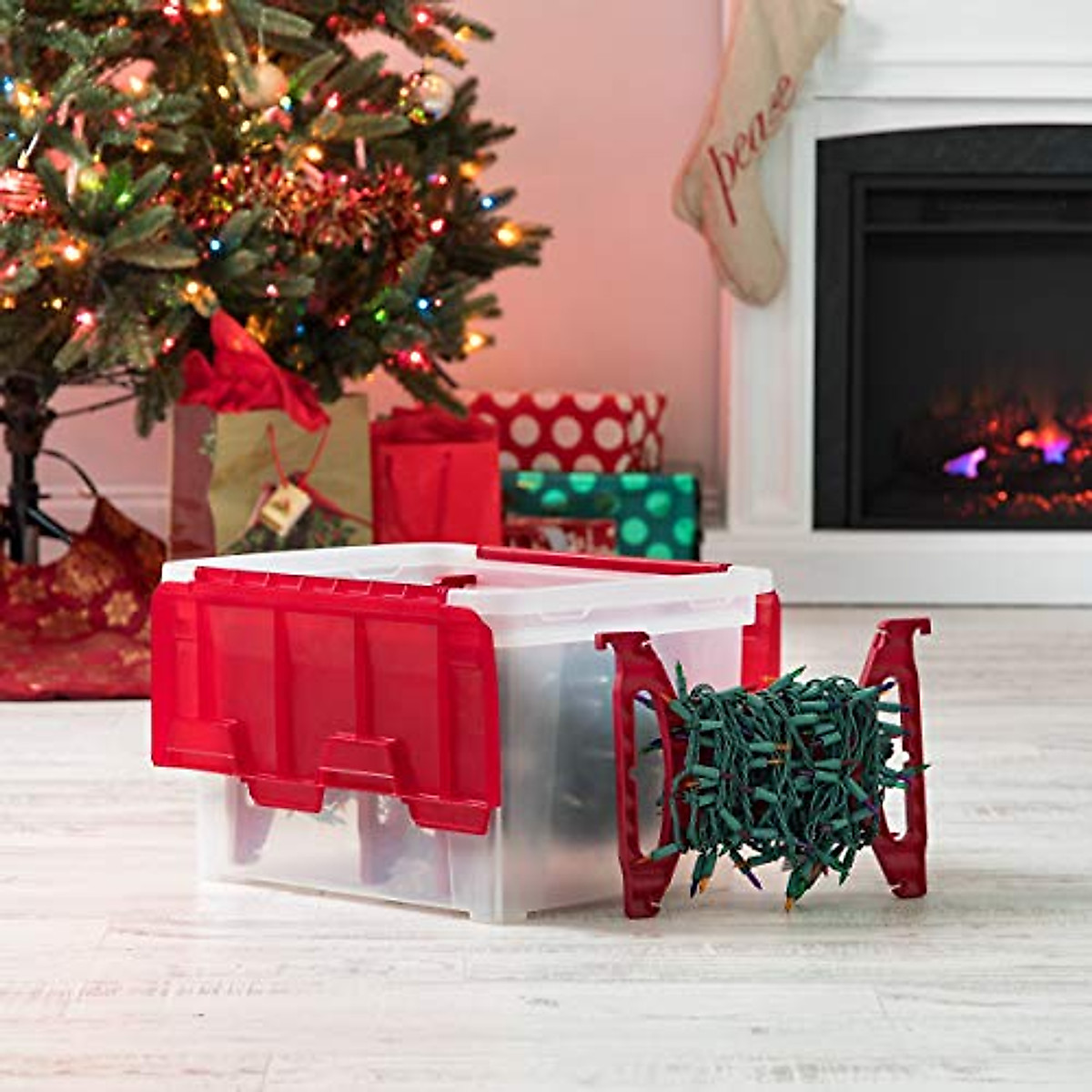 IRIS USA WFB-45LW IRIS Wing-Lid Storage Box with 4 Light Wraps, 3 Pack, Clear/Red, 3 Piece