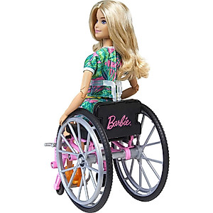 Barbie Fashionistas Doll #165 with Wheelchair & Ramp, Wavy Blonde Hair & Tropical-Print Outfit with Accessories (Amazon Exclusive)