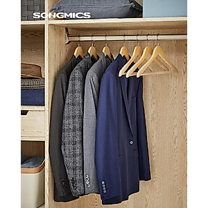 SONGMICS Velvet Wooden Hangers, Set of 20 Wooden Hangers with Velvet Surface, Non-Slip Coat Hangers with Shoulder Grooves, Pants Bar, 360° Swivel Hook, for Jackets Shirts, Natural UCRW012N02