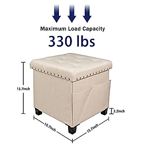 Brakki Storage Ottoman Cube Square Ottoman Foot Rest Cube with Side Pocket,15.7 Inches Storage Bench for Bedroom Living Room Linen Fabric with Wooden Legs Folding Beige Ottoman