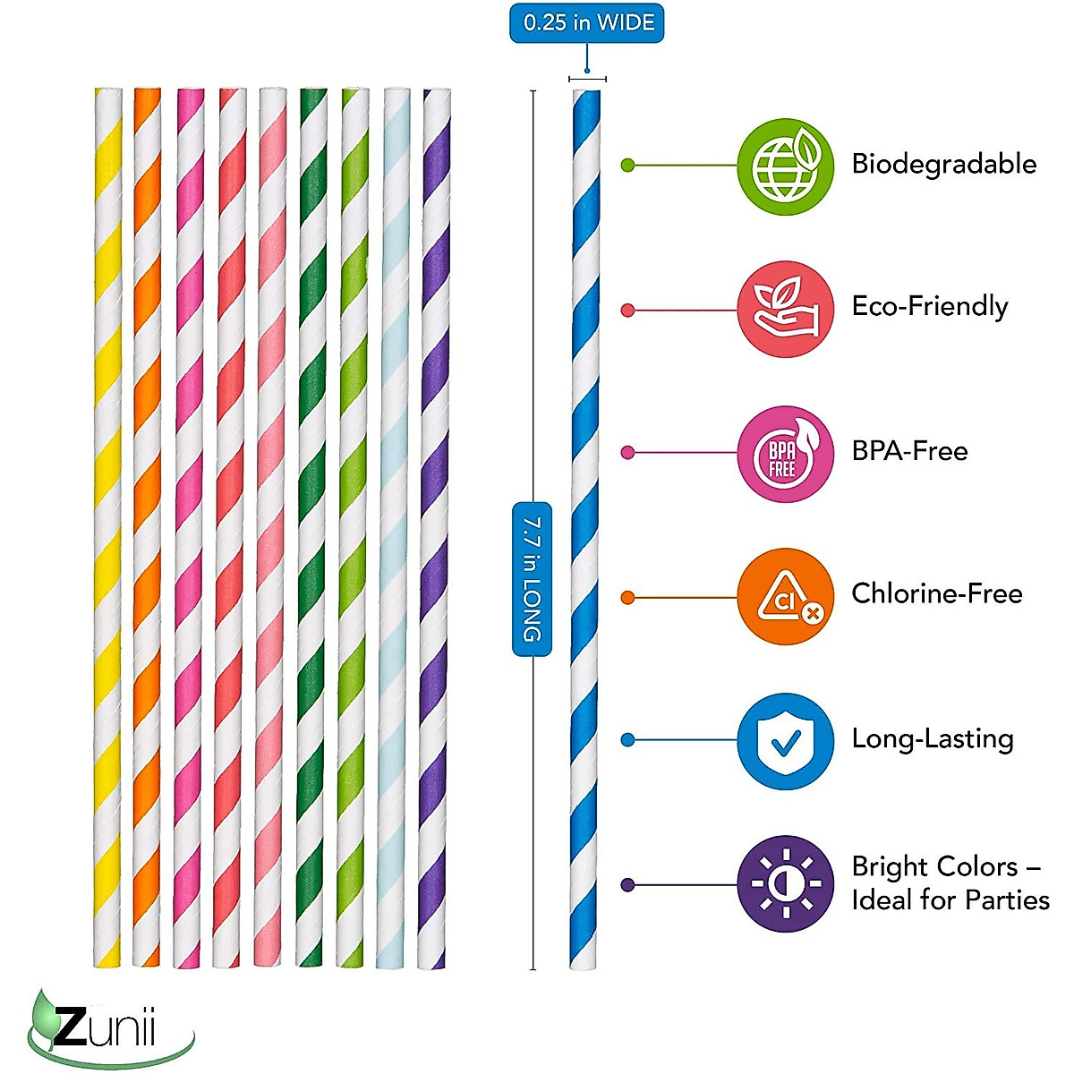 Zunii 1000 Pack Multi-Color Biodegradable Paper Straws - 10 Bright Colors - Eco Friendly Straws for Juice, Soda, Cocktails, Shakes - Great for Birthday Parties, Bridal Showers, Cake Pop Sticks