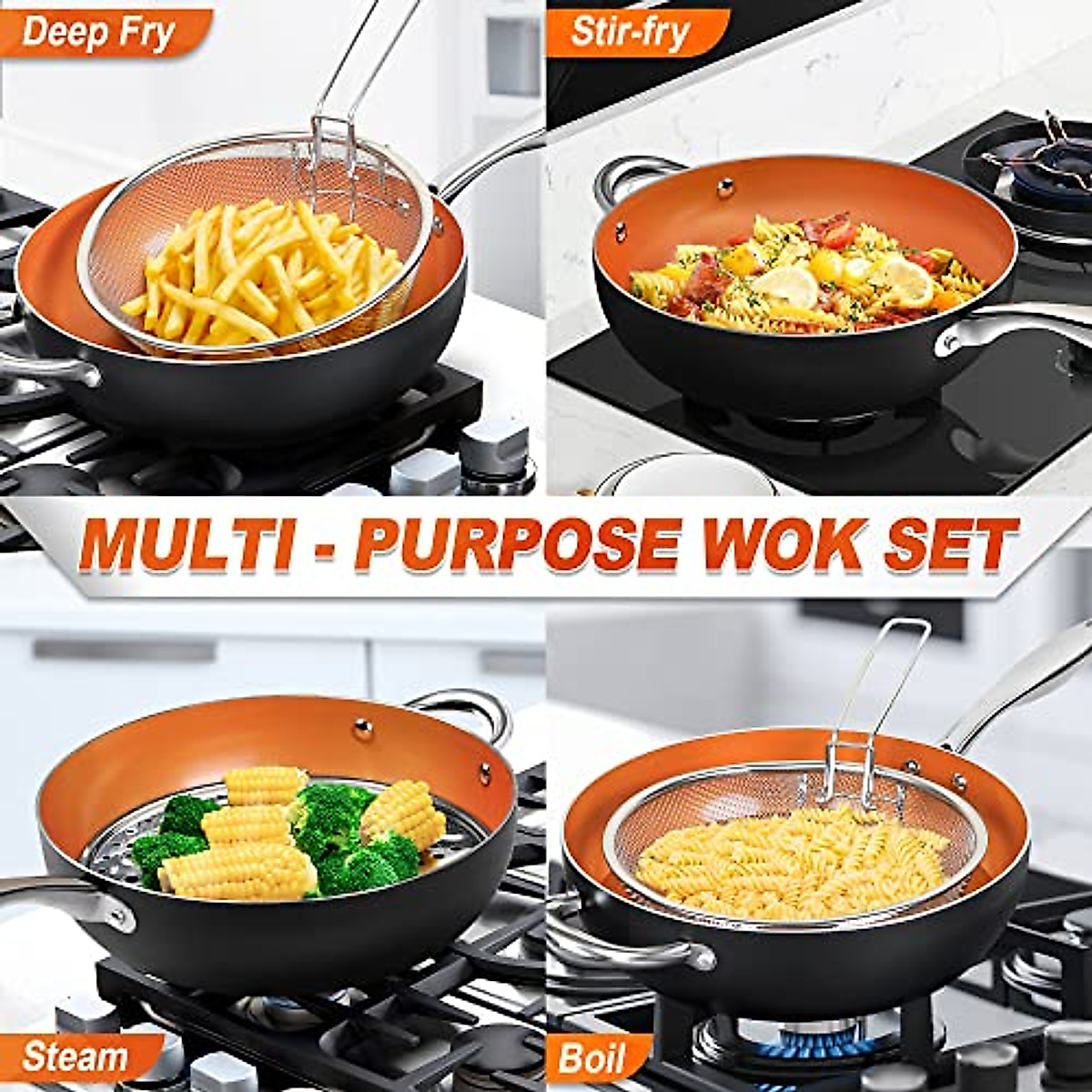 Michelangelo 5 Quart Nonstick Wok Set with Lid, Deep Frying Basket, and Roasting Steaming Rack, Aluminum, Includes All Stovetops Compatible, Non Stick
