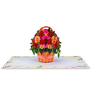 Paper Love 3D Rose Basket Romantic Pop Up Card, For Valentines Day, Mothers Day, All Occasions - 5" x 7" Cover - Includes Envelope and Note Tag