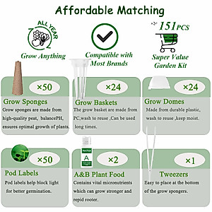 151 Pcs Seed Pod Kit for Hydroponic Growing System, Grow Anything Kit with 50 Pieces Replacement Grow Sponges,24 Grow Baskets, 24 Grow Domes(Not Include Seeds)
