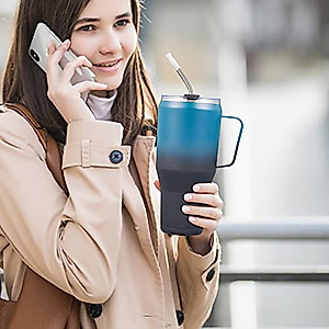 GOBATT 1 pack 40 oz Tumbler with Handle and Straw Lid，Reusable Stainless Steel Double Vacuum Insulated Travel Mug Iced Coffee cup ，Keep Cold for 24 Hours, navy black