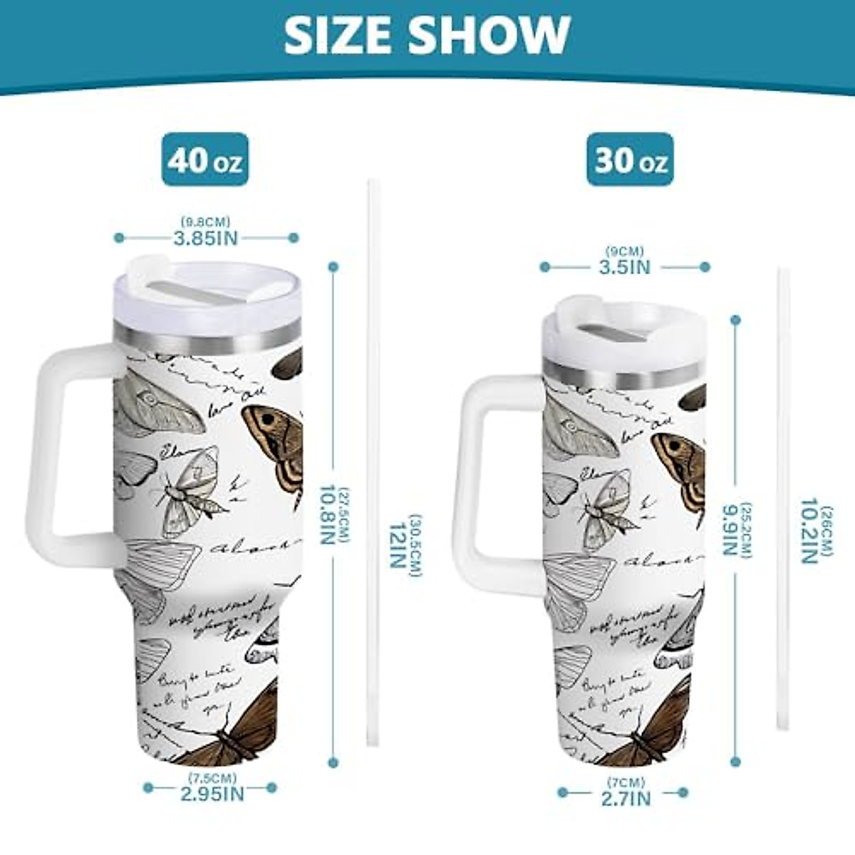 RPLIFE Various Insects White Tumbler with Handle and Straw, Stainless Steel Cup, Insulated Cup with Straw, Coffee Tumbler for Women