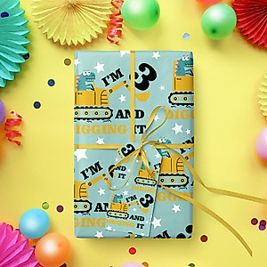 WRAPAHOLIC 3rd Birthday Wrapping Paper Sheet - 6 Sheets Adorable Dinosaurs Driving Digger Design Folded Flat for Birthday, Party, Baby Showers - 19.7 Inch X 27.5 Inch Per Sheet
