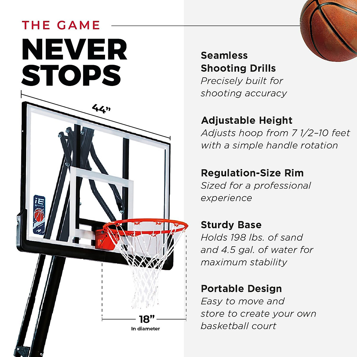 IE Sports Portable Basketball Hoop, 7.5-10 Ft Adjustable Height, 44" Backboard & Rebounder