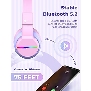 iClever BTH12 Kids Bluetooth Headphones,Colorful LED Lights Wireless Kids Headphones,74/85/94dB Volume Limited,55H Playtime,Bluetooth 5.2,Over Ear Headphones Built-in Mic for iPad/Tablet/Airplane,Pink
