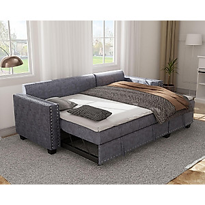 Ucloveria, 91" Sleeper Sofa Reversible Storage Chaise Living Room L-Shape Lounge 2 in 1 Sectional Couch with Pull Out Bed, Delta Gray, Dark Grey
