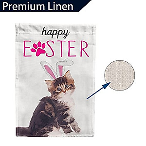 Happy Easter Garden Flags ,Cat with Rabbit Ear 12x18inch Burlap Double Sided for Outside Decoration