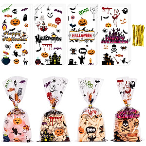 Larcenciel 100 Pcs Halloween Cellophane Treat Bags, Pumpkin Bat Halloween Candy Bags with Twist Ties for Snack Chocolate Popcorn, Bat Pumpkin Spooky Witch Clear Plastic Goodie Bag Party Favor Bags Halloween Decor