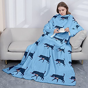 jejeloiu Lacrosse Wearable Blanket Warm Cozy, Sports Theme Dog Patttern Fleece Blanket with Sleeves for Women,Ball Games Fleece Wearable Blanket with Sleeves Pocket, 50"x50",Blue Grey