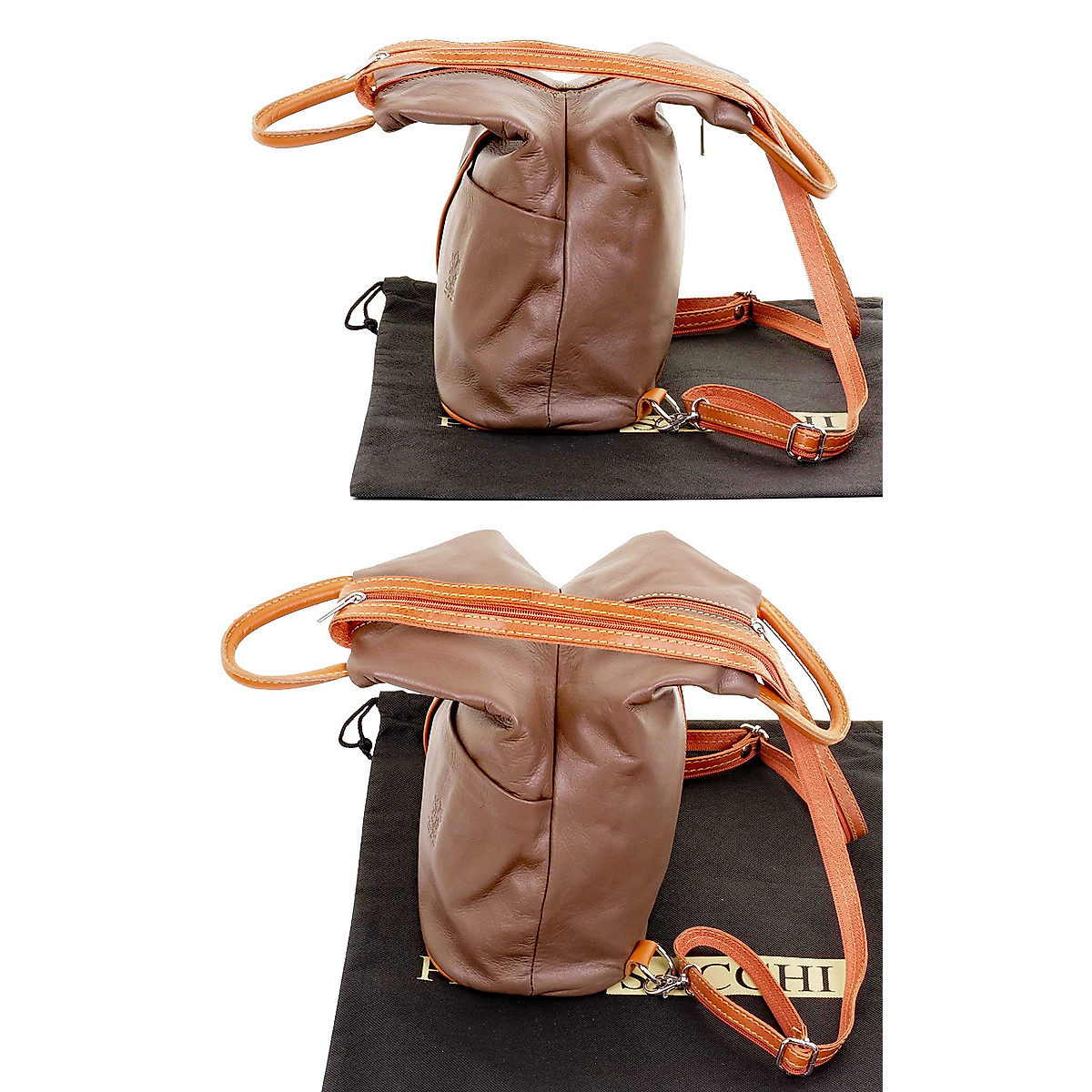 PRIMO SACCHI Italian Soft Leather Dark Taupe Tan Top Handle Shoulder Bag Rucksack Backpack Purse