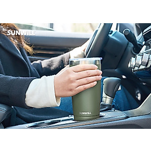 SUNWILL Travel Coffee Tumbler 20 oz, Insulated Mug with Lid, Stainless Steel Iced Cup for Outdoor, Powder Coated Camp Green