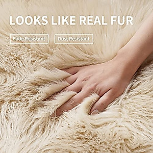 Faux Fur Rug for Bedroom, Fluffy Runner Rugs Soft Sheepskin Rug Sofa Couch Seat Cushion, 2x6ft Beige Plush Area Rug Shag Rugs Floor Carpets for Nursery Bedside, Cute Shaggy Fuzzy Home Decor