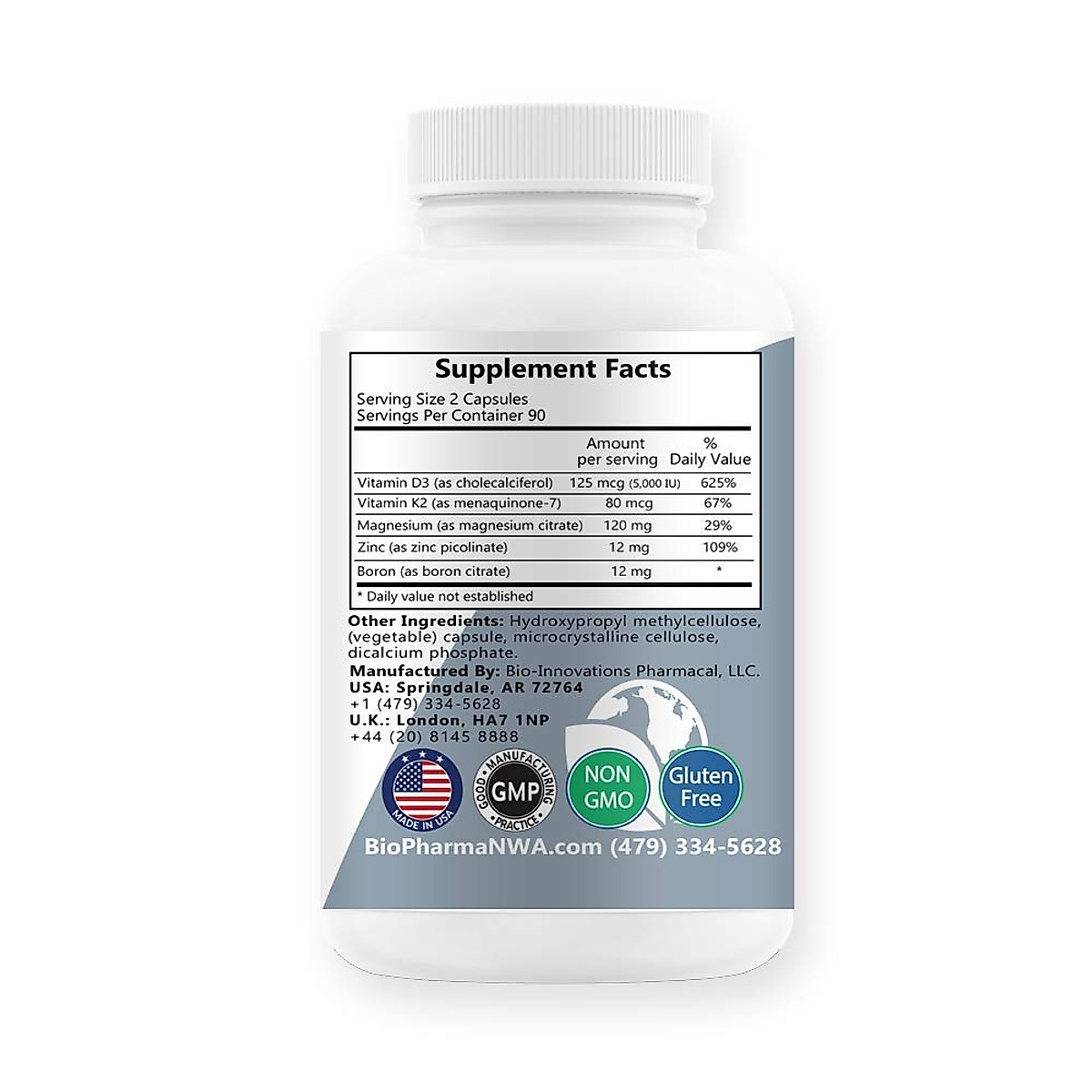 BioInnovations Pharmacal Bio-D3 Plus Boron Vitamin K2 Magnesium & Zinc-Supports Cardiovascular Nerves Muscles Bone Teeth Gums Immune Health Tissue Repair Balance Hormones Metabolism 180 Vegan caps