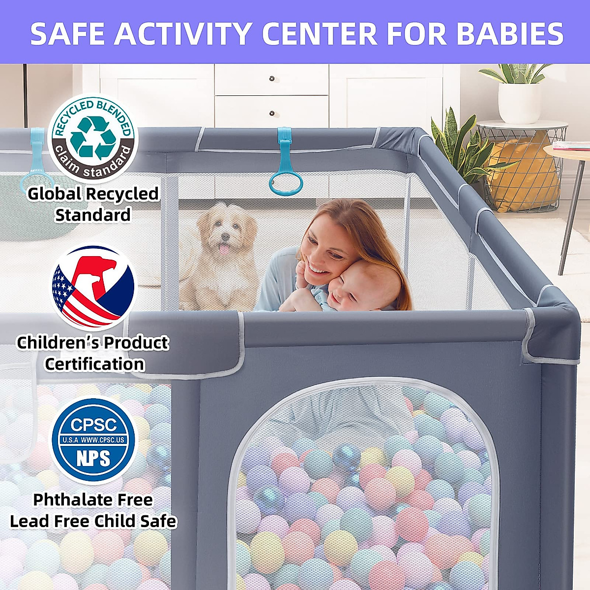 Suposeu Baby Playpen for Toddler, 50”×50” Large Baby Playard, Indoor & Outdoor Kids Activity Center, Sturdy Safety Play Yard with Soft Breathable Mesh, Grey