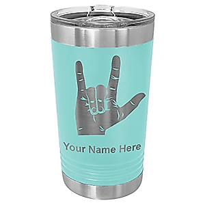LaserGram 16oz Vacuum Insulated Pint Tumbler, Sign Language I Love You, Personalized Engraving Included (Teal)