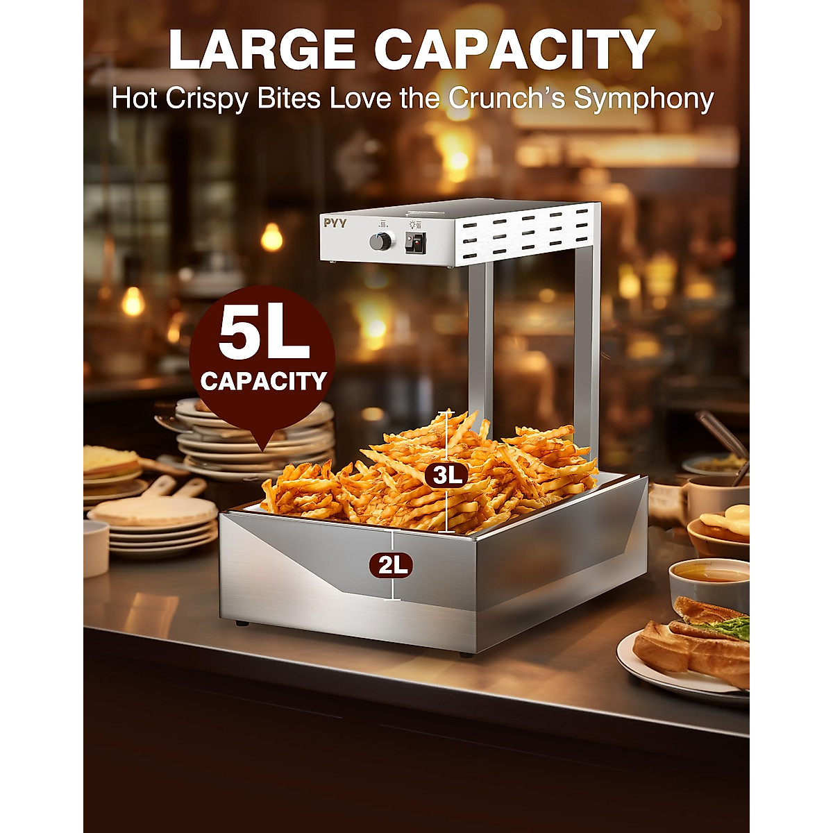 PYY French Fry Warmer Commercial Food Heat Lamp - 500W Food Warmer Light Free-Standing Warming Dump Station 5L Countertop Fries Food Warmer for Chips Churros Buffet Kitchen Restaurants