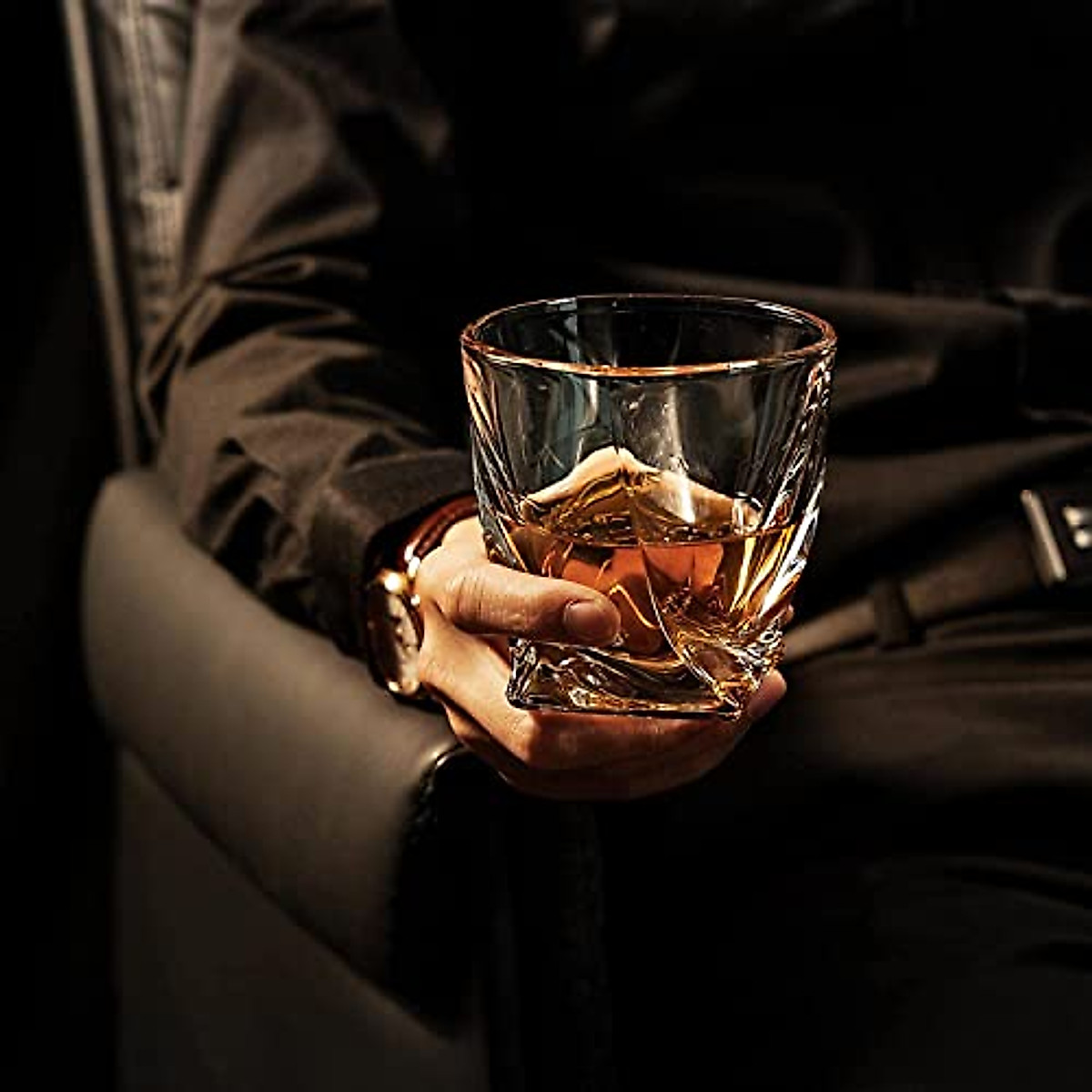 Whiskey Glasses Set, 2 Twisted Old Fashioned Lowball Bar Tumblers 2 Ice Ball Molds 2 Coasters In Gift Box, 11 Oz Rock Barware for Bourbon Scotch Cocktail Vodka, Unique Gifts for Men