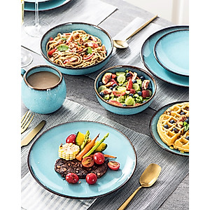 HENXFEN LEAD Dinner Plates Set of 4, Large Serving Dishes 10 Inch for Steak, Salad, Pasta - Stoneware Dinnerware Sets Dishwasher, Microwave, Oven Safe, Aqua