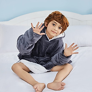 L'AGRATY Kids Wearable Blanket Hoodie Flannel Sherpa Oversized Sweatshirt Hooded Blanket Throw with Sleeves and Big Pocket Cozy Fluffy Warm Soft Giant Winter Sweater Blanket Hoodie for Boys Girls