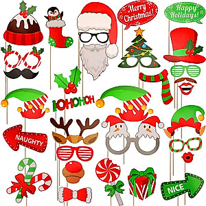 Christmas Photo Booth Props 32Pcs（Upgraded Version）, Merry Christmas Party Pose Sign, Red and Green Christmas Party Supplies Decorations for Kids Adults