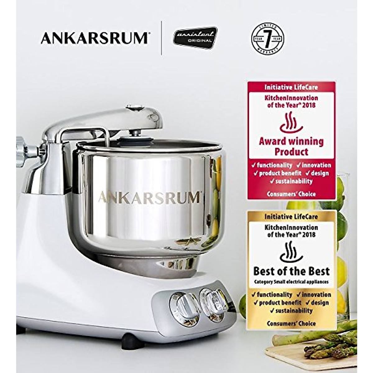 Ankarsrum Original 6230 Stainless Steel 7 Liter Stand Mixer Jubilee Silver