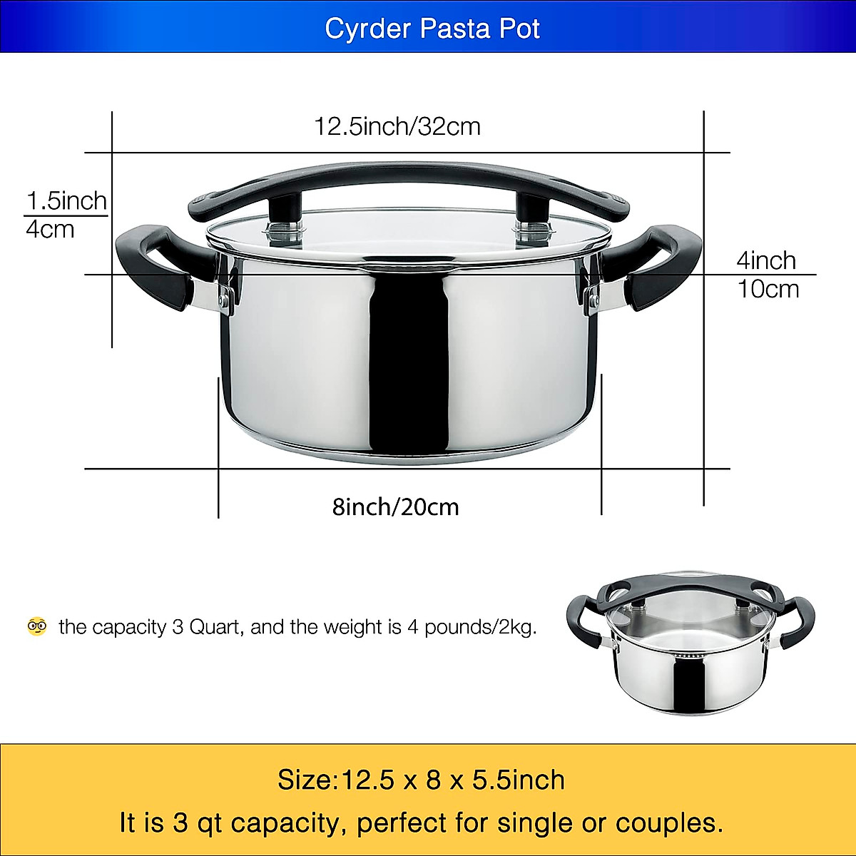 Cyrder Stainless Steel Pasta Pot- Induction Pasta Pot with Strainer, Easy Stain &Perfect for Single and Couple, Dishwasher Safe, 3 Quart