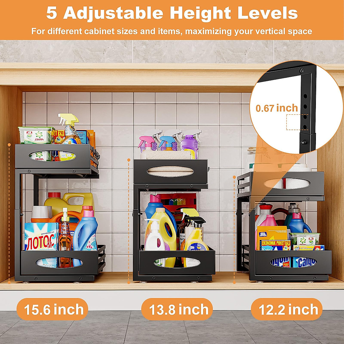 mixeshop Under Sink Organizer, 2 Pack Pull Out Cabinet Organizers, Slide Sink Steel Shelf Cabinet Storage Shelves, Under Sink Storage for Kitchen Bathroom Cabinet, Black