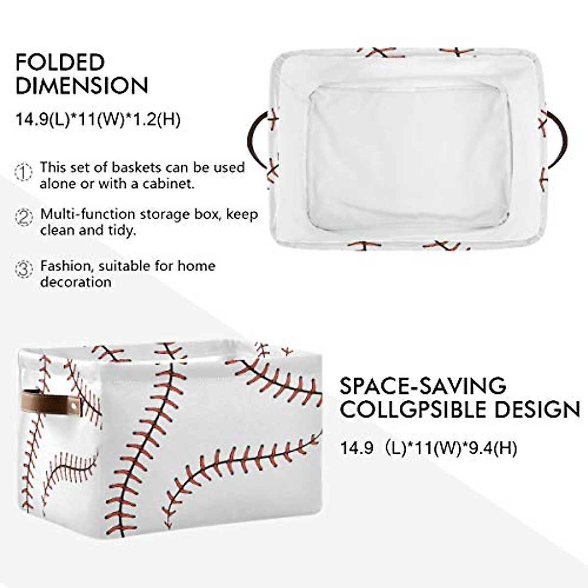 Baseball Stitches Laces Storage Basket Bin Ball Softball Large Fabric Toys Storage Cube Box with Handles Collapsible Closet Shelf Cloth Organizer Basket for Nursery Bedroom