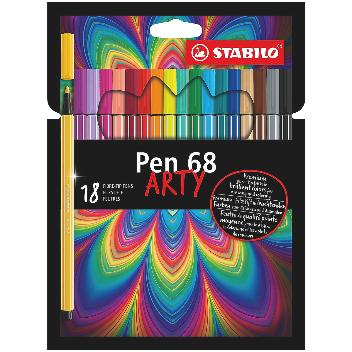 STABILO Premium Fiber-Tip Pen Pen 68 - ARTY - Pack of 18 - Assorted Colors