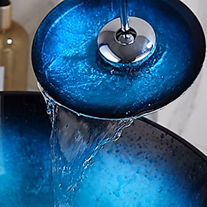 MEKKHALA Bathroom Tempered Glass Vessel Sink Black & Blue Round Wash Basin Bowl Waterfall Mixer Chrome Brass Faucets Pop-up Drain Combo With Cold & Hot Water Hoses