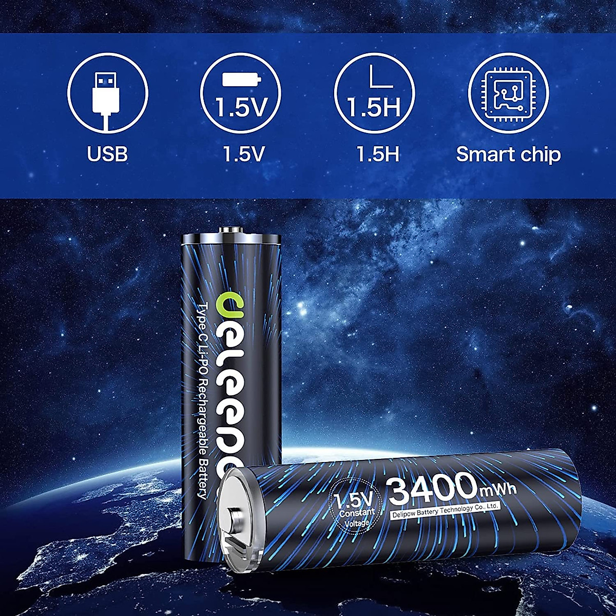 Deleepow Rechargeable AA Batteries Lithium USB 1.5V 3400mWh Lithium AA Batteries with USB-C Cable 1500 Cycles 4-Pack