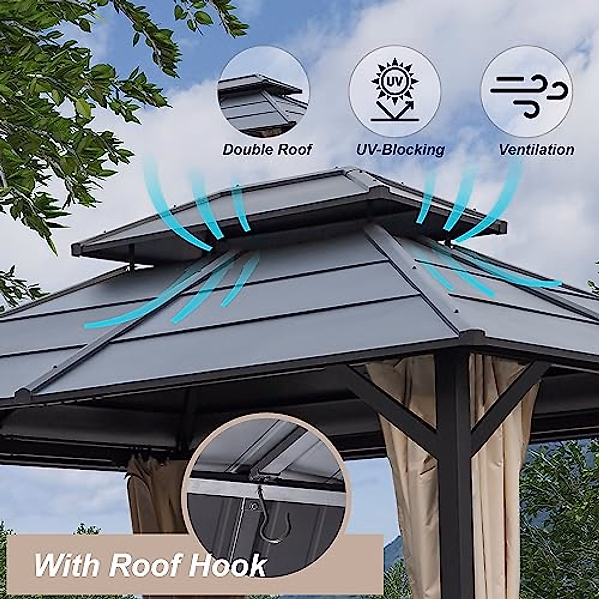 MONDAWE 10x12Ft Hardtop Gazebo Double Roof Permanent Gazebo Steel Frame Canopy Outdoor Pavilion Heavy Duty for Patio Lawn Garden with Curtains and Netting,Black