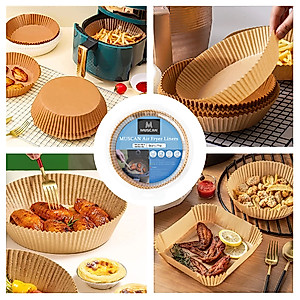 MUSCAN Air Fryer Liners 100 Pcs 8 Inches Round with Wooden Tong Disposable Large Oil Resistant, Waterproof, Unbleached Parchment Paper, Air Fryer Accessories for Air Frying, Baking, Roasting Microwave