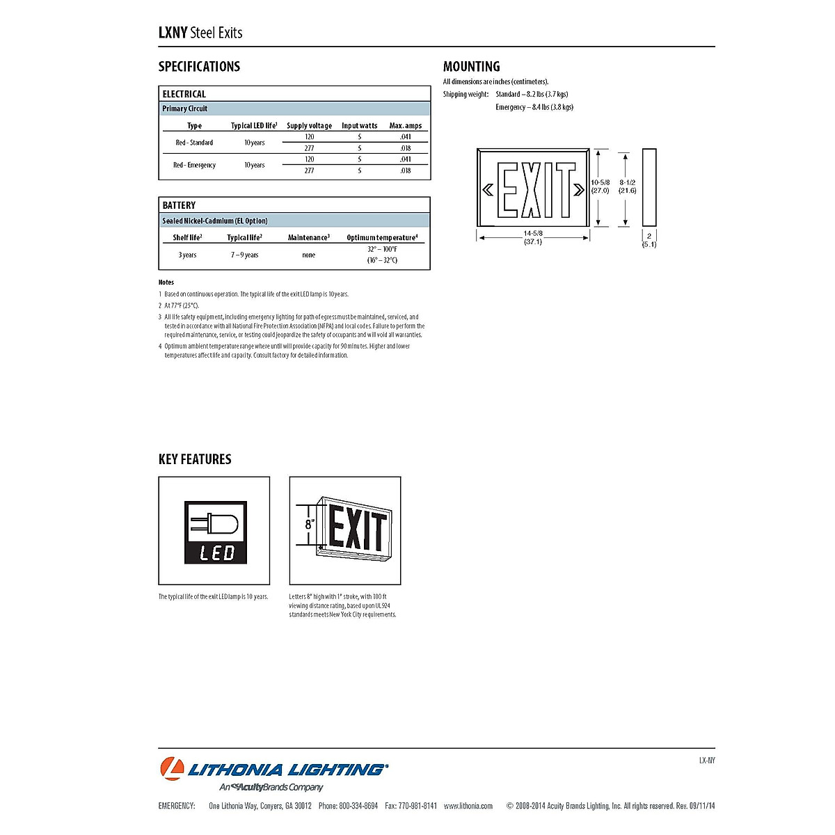Lithonia Lighting LX W 3 R EL N LED Titan Steel Emergency Exit Sign, 4 watts, White
