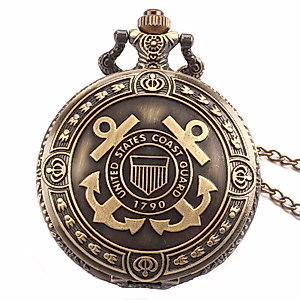 Akopiuto Coast Guard Pocket Watch with Necklace Chain Clock Bronze Quartz Pendant Watches