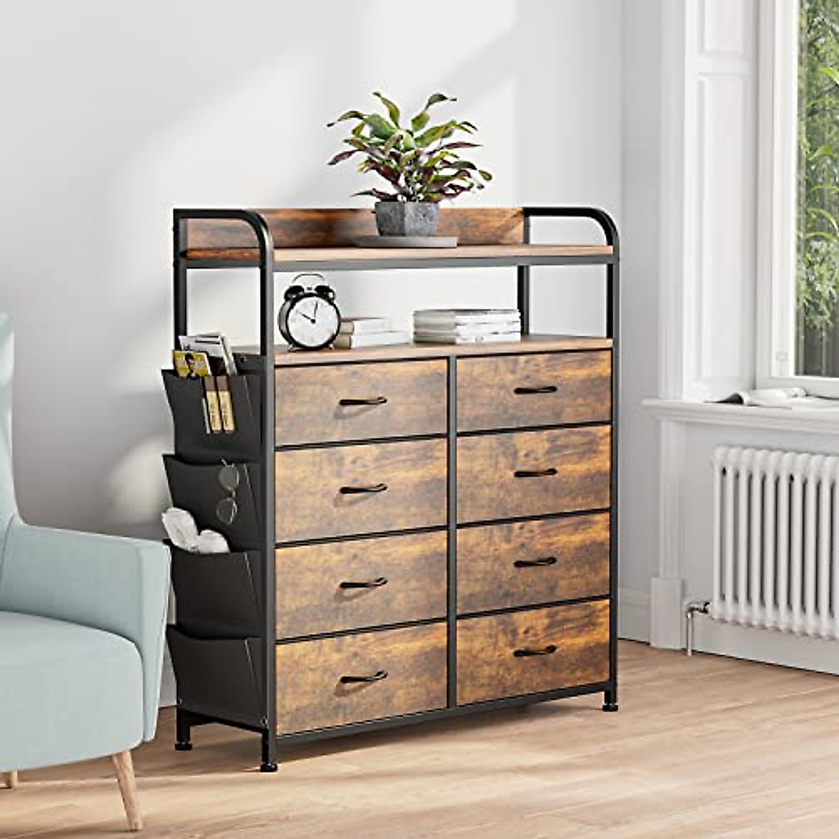 Lulive 8 Drawer Dresser with Shelves, Chest of Drawers for Bedroom with Side Pockets and Hooks, Fabric Storage Tower Organizer for Nursery, Hallway, Closet, Wood Top (Rustic Brown)