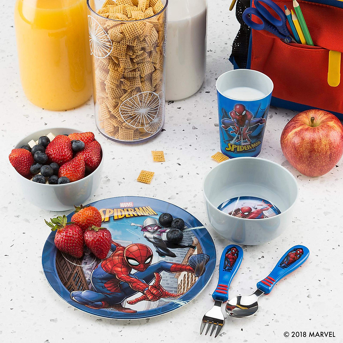 zak! 5-Piece Dinnerware Set, Marvel Spider-Man - Durable Plastic & Stainless Steel - Includes Tumbler, 8-Inch Plate, 6-Inch Bowl, Fork & Spoon - Suitable for Kids Ages 3+