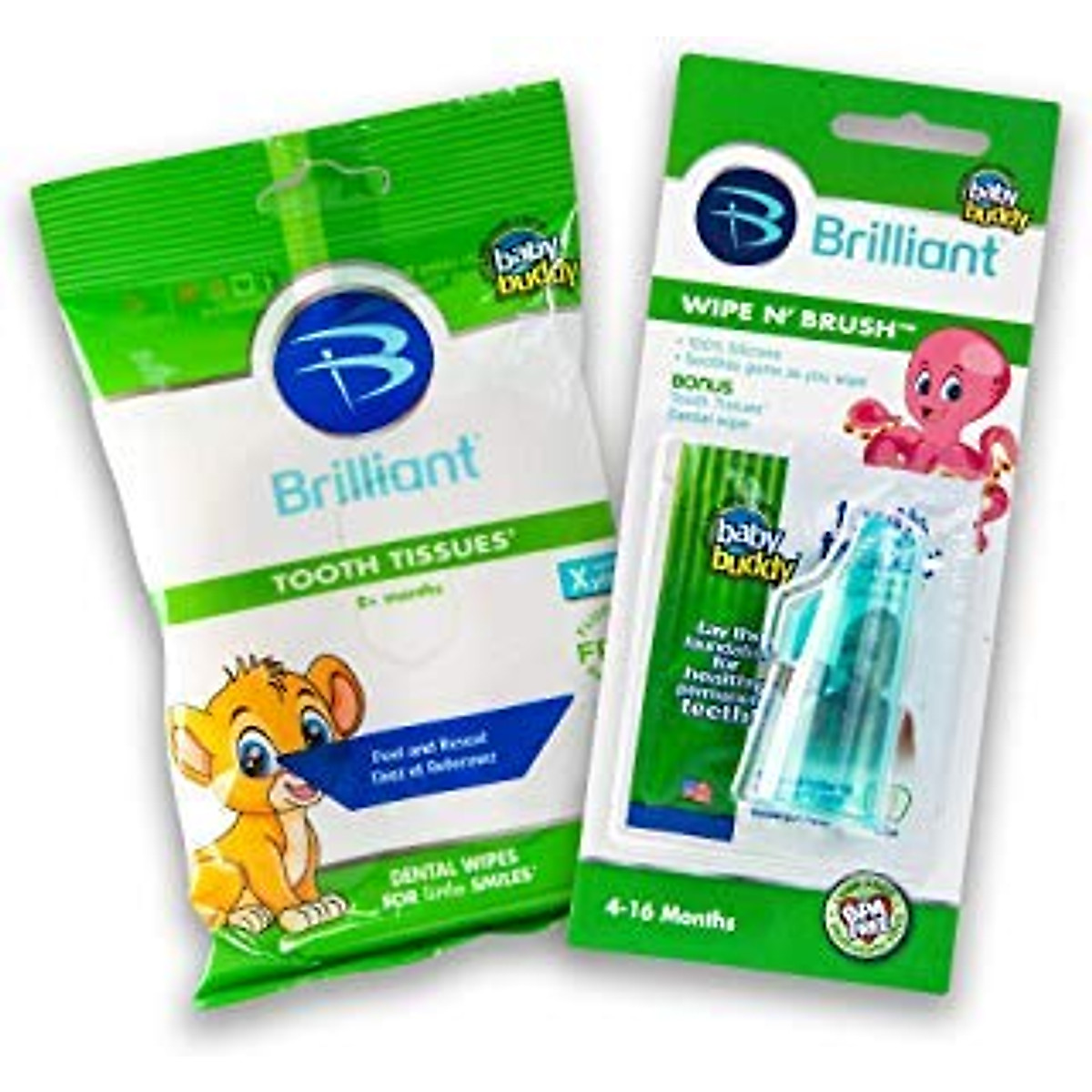 Brilliant Wipe N Brush -1 Silicone Toothbrush and 30 ct. Tooth Tissues - Xylitol Dental Wipe, Mouth Cleaner for Infants 4-16 Months Old, Infant Oral Cleaning Products, Baby Registry Must Haves, Green