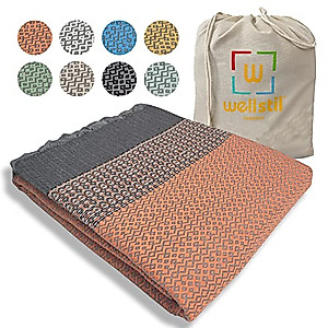 Wellstil Nerthus | Turkish Cotton Blanket • King Size Vintage Throw Blankets for Sofa, Couch, Farmhouse and Home Decor • Boho Woven Bedspread • Cozy Breathable Bed Blanket 80x100 inches (Orange)
