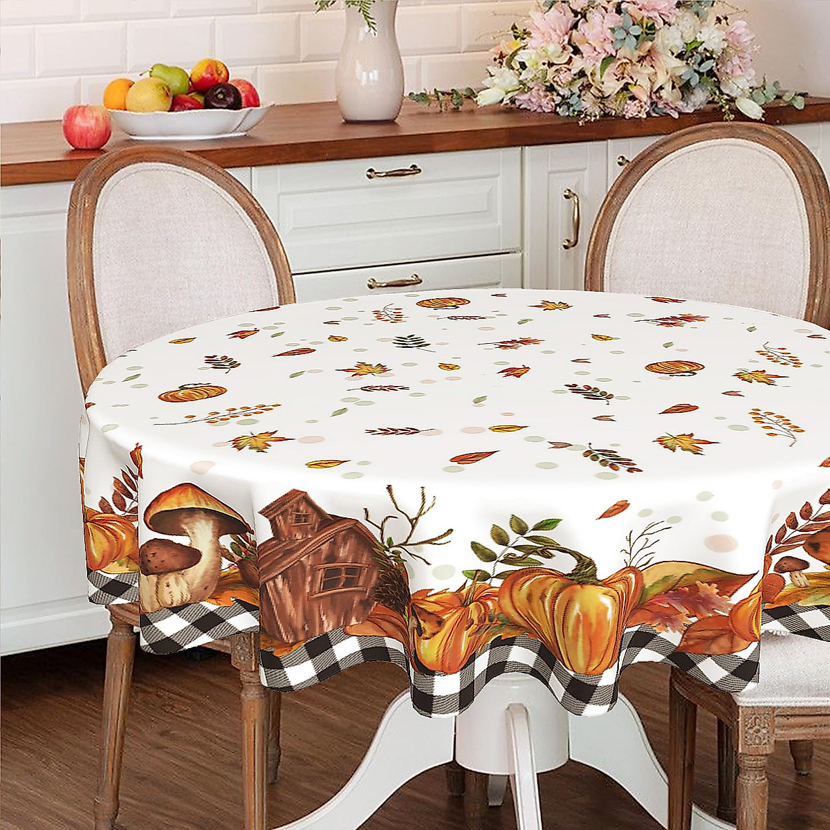 JYKCUL Fall Tablecloth Round 60 Inch, Buffalo Plaid Pumpkin Mushroom Leaves Fall Table Cloth Thanksgiving Autumn Table Cover for Party Picnic Kitchen Dinner Decor