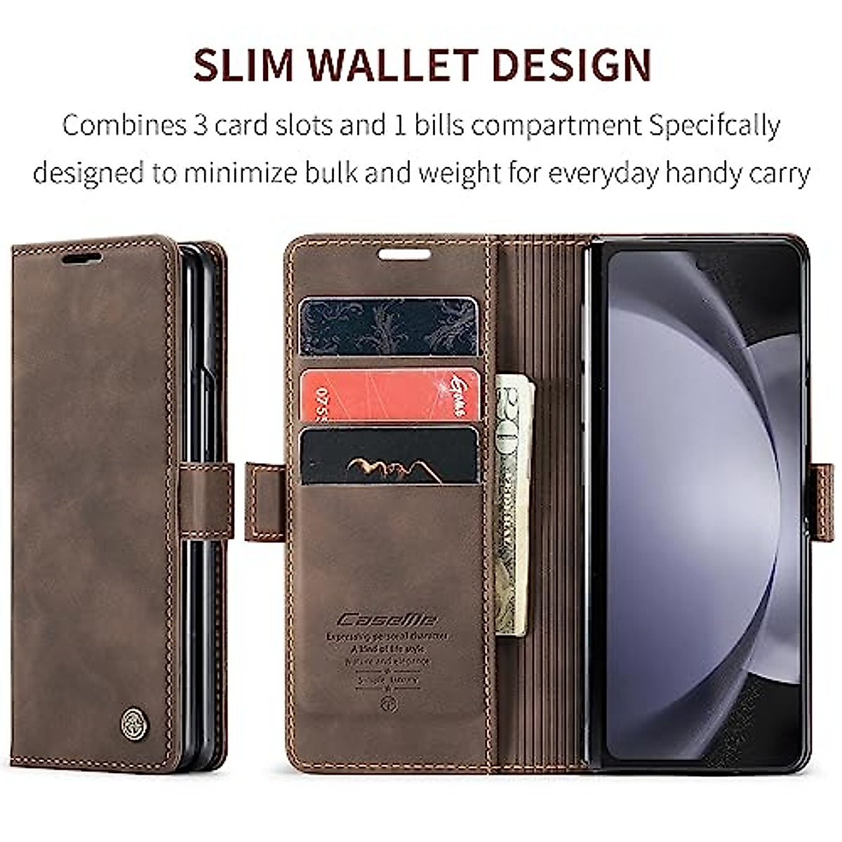 Peenpunk Galaxy Z Fold 5 Case, Leather Galaxy ZFold5 Wallet Case with Card Holder Flip Kickstand Magnetic Case Compatible with Samsung Z Fold 5 5G (Coffee)