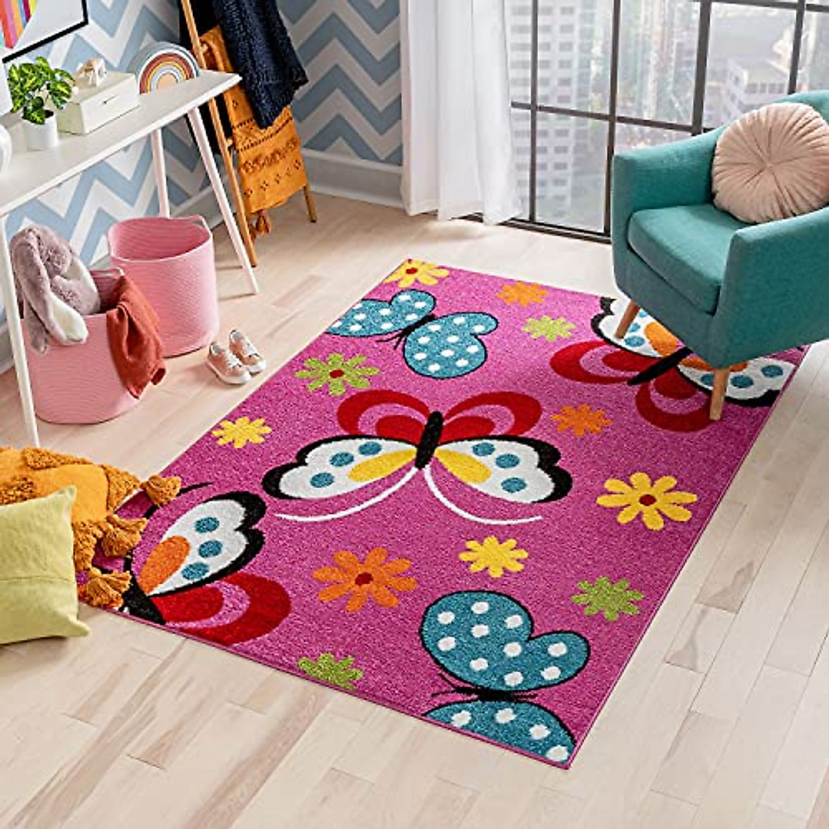 Well Woven StarBright Daisy Butterflies Modern Abstract Pink 3'3" x 5' Kids Area Rug